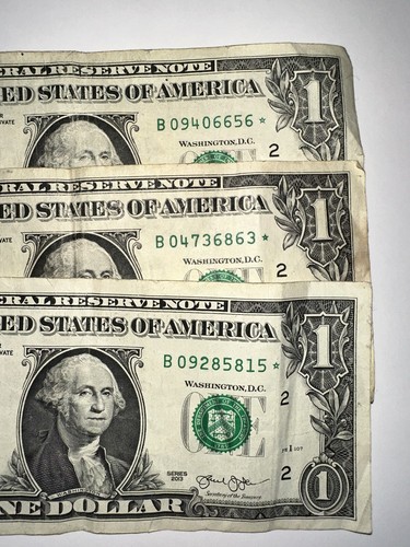 Lot Of (3) 2013 One Dollar Bill B Star Note Duplicate Serial Number | eBay