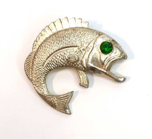 Big Mouth Bass / Trout Fish Brooch Pin Gold Tone Green Rhinestone Eye ...