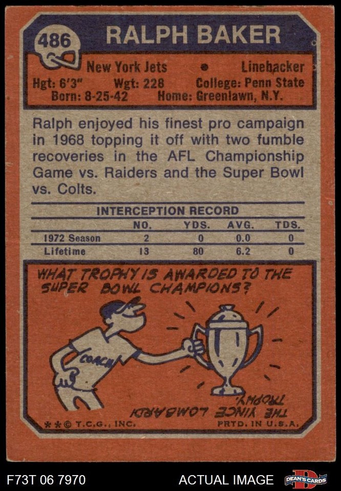 1973 Topps #486 Ralph Baker Jets Penn St 2 - GOOD | eBay