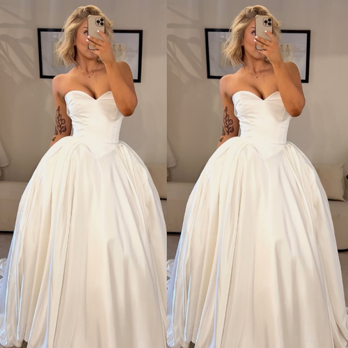 Simple Stain Wedding Dresses Strapless Sweep Train Ruching Corset ...