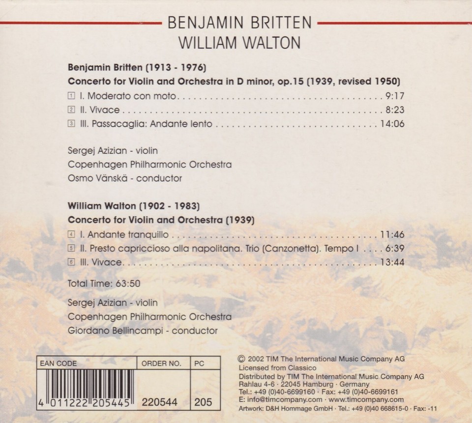 BENJAMIN BRITTEN, WILLIAM WALTON VIOLIN CONCERTOS, SERGEJ AZIZIAN ...