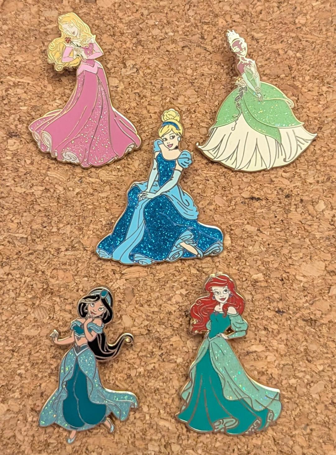 Disney Pin set of 5 Glitter Princess Ariel Jasmine Cinderella Aurora ...