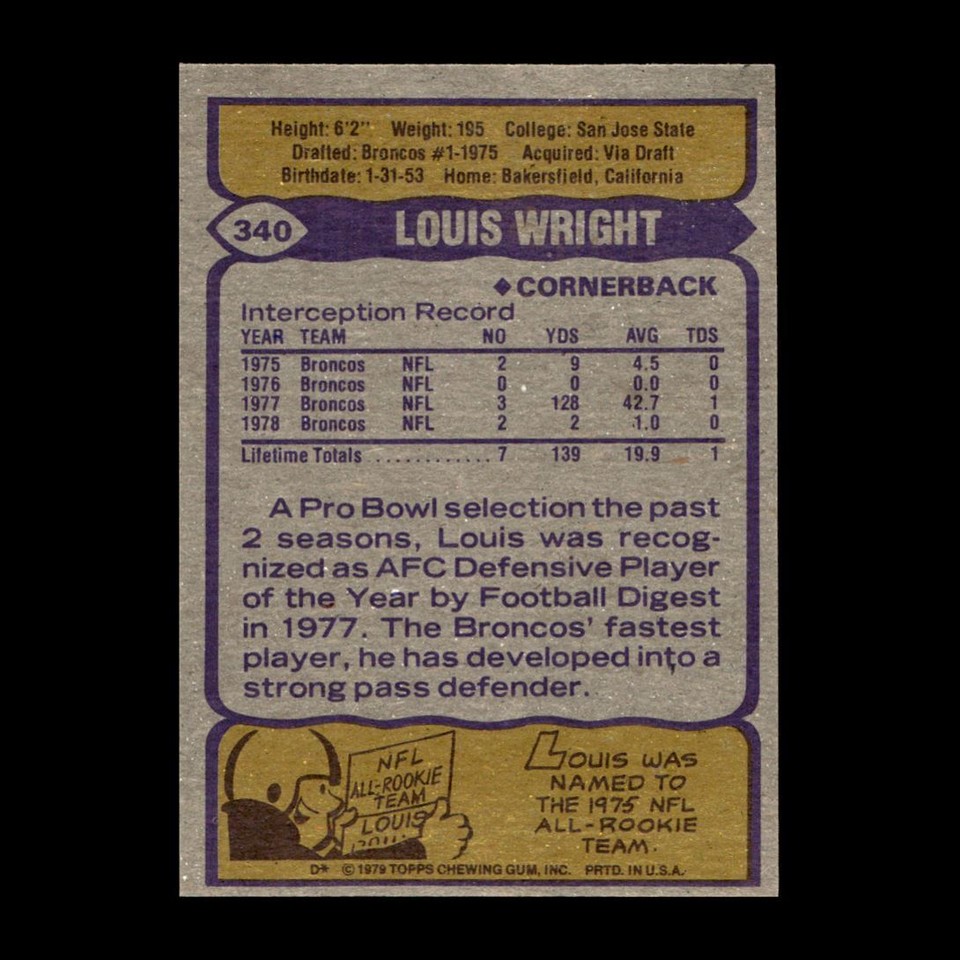 Louis Wright 1979 Topps Denver Broncos #340 R310I 1 | eBay