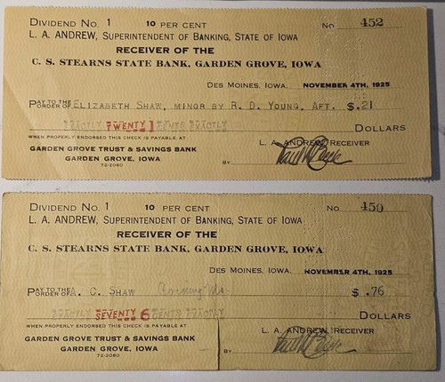 Antique C. S. Stern's State Bank Garden Grove Iowa Lot Of 2 Checks ...