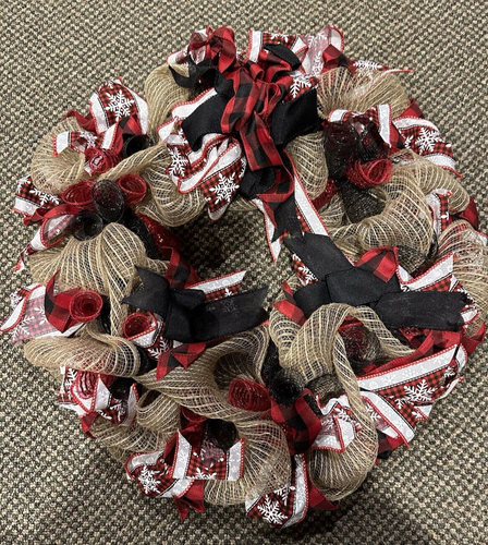 Handmade Red Black Burlap Ribbon 18" Wreath Deco Mesh Winter Snowflake ...