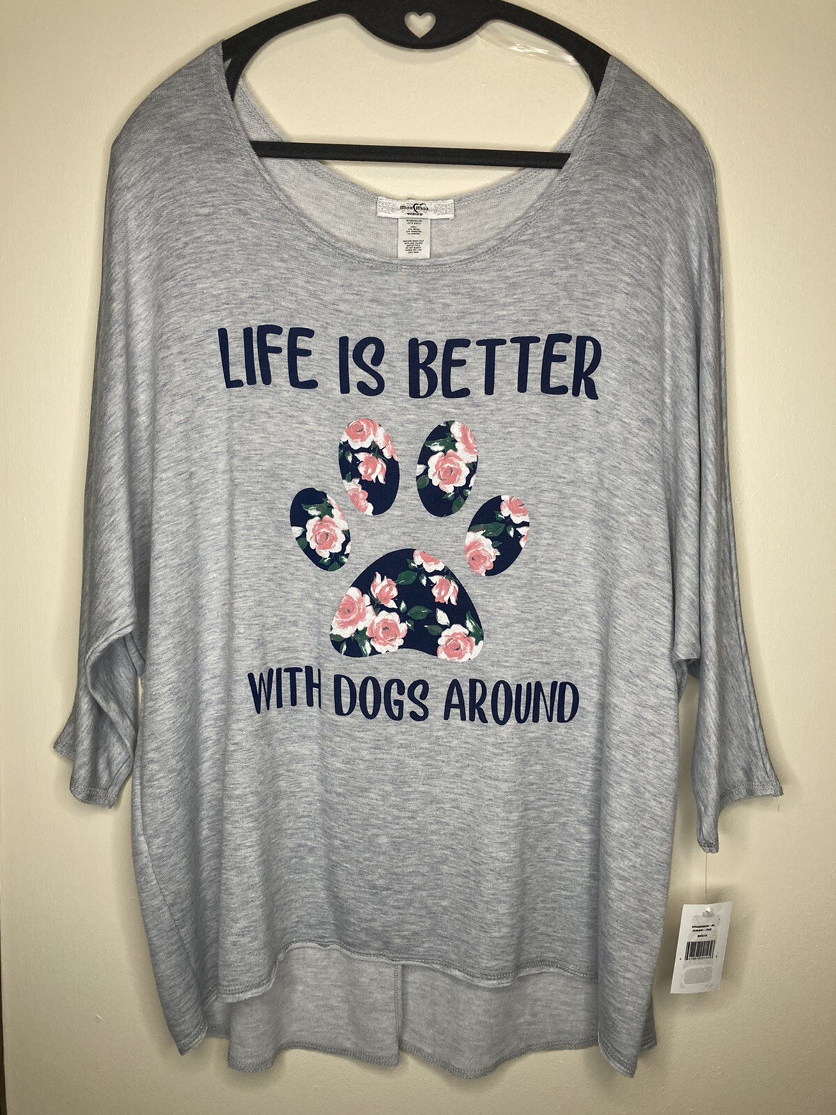 Moa Moa LIFE IS BETTER WITH DOGS Gray Heahered Floral Top Dolman Sleeve ...