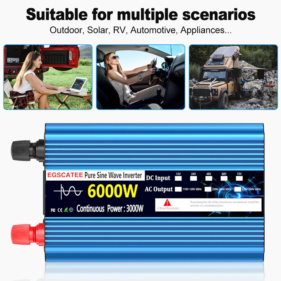 3000W 6000W Pure Sine Wave Inverter Power 12V DC 240V AC LED USB CAR RV ...