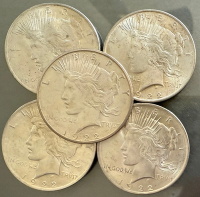 1921-1935 90% Sil ver Peace Dollars Lot of 5 Uncirculated Mixed Dates ...