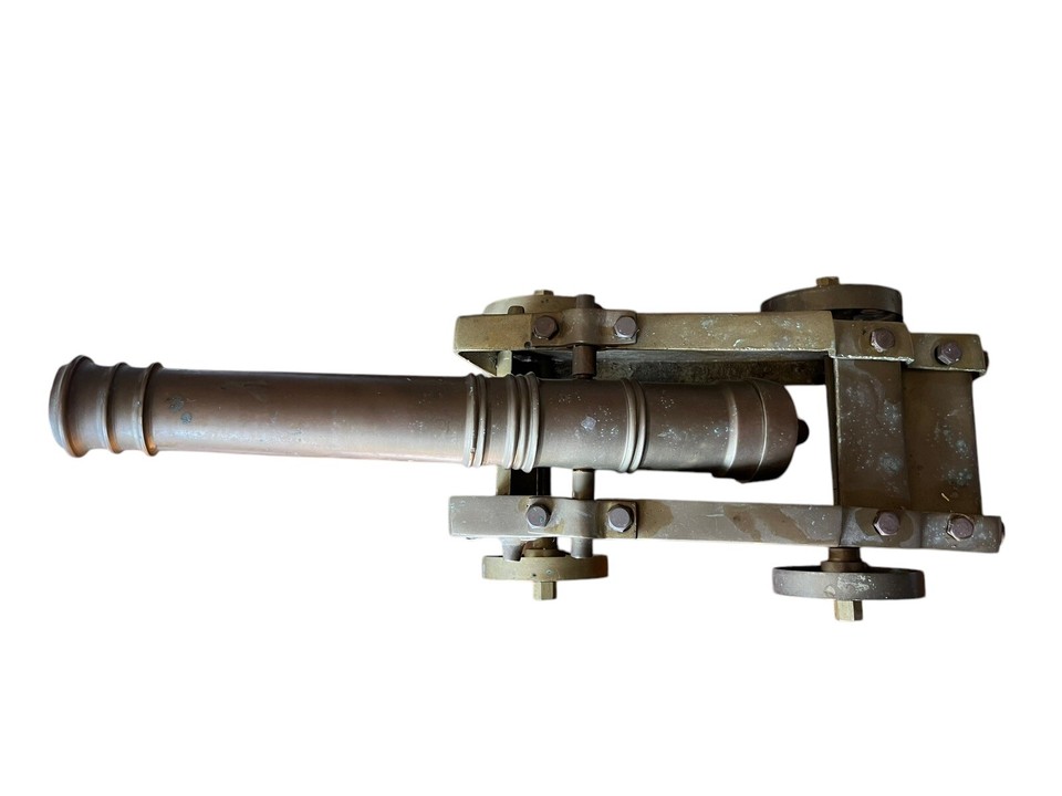 Vintage BRASS CANNON 4 Wheel Carriage Large 15” X 6” Solid Military ...