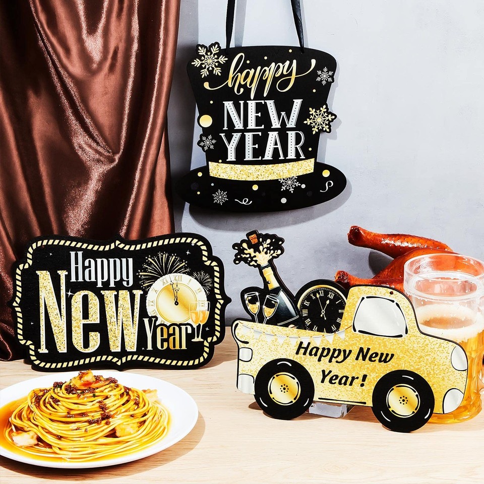 3 Pieces Glitter Happy New Year Sign 2025 Wooden New Year Hanging Sign ...