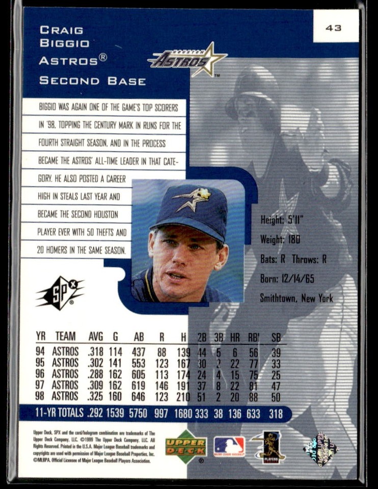 1999 SPx #43 Craig Biggio Baseball Card 1002O | eBay