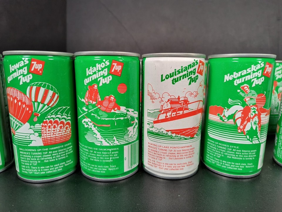 Rare 7up Soda Can Lot Of 34 State Cans Steel Seam Advertising Pop Pull ...
