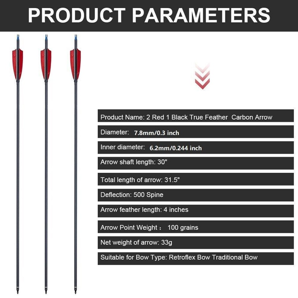 12X 30" Carbon Shaft Arrows Spine 500 OD 7.6mm RED True Turkey Feathers ...
