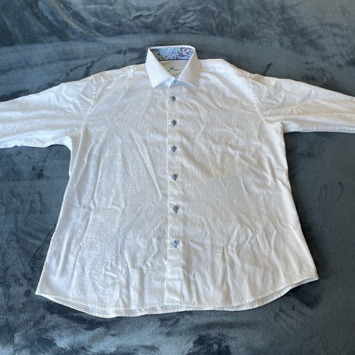 Bertigo Men’s White Blue Linen Floral Button Up Long Sleeve Collar ...