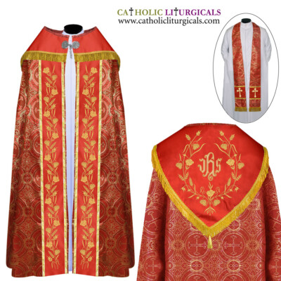 Metallic Red Cope & Stole Set with IHS embroidery,capa pluvial,far ...