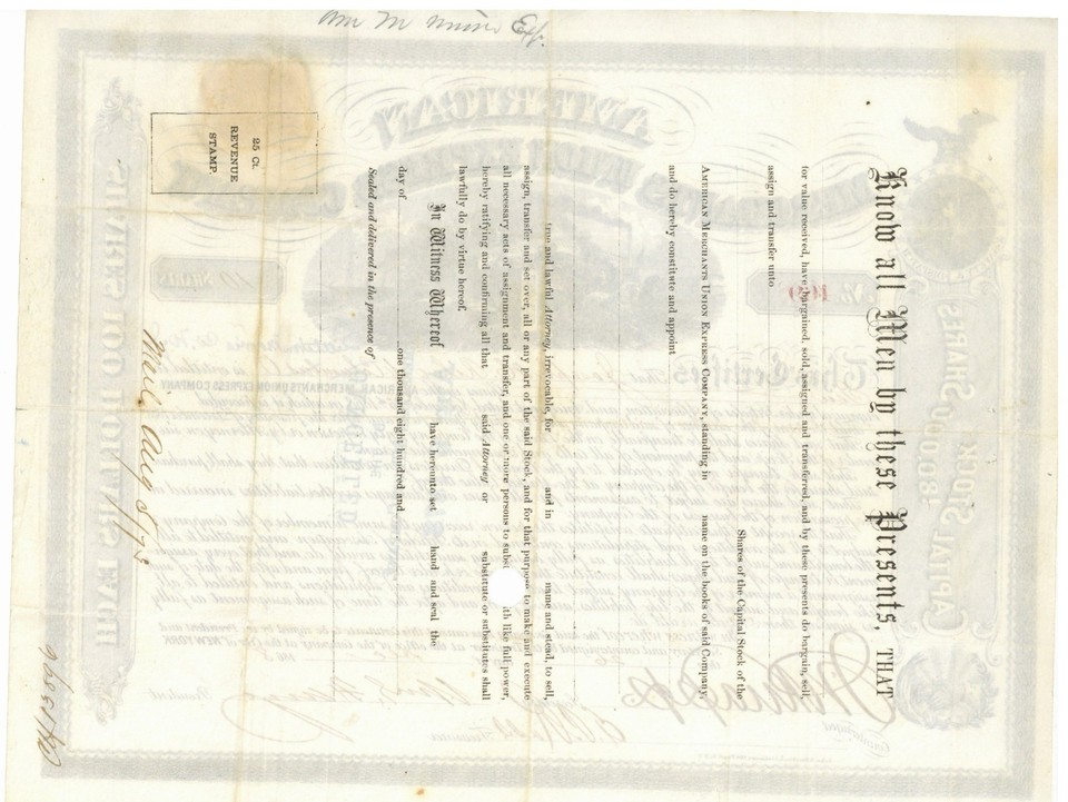 American Merchants Union Express. Stock Certificate. Fargo, Knapp, Ross ...