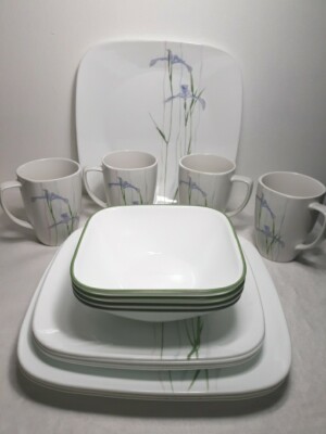Corelle Shadow Iris 16pcs Square Set Dinner Lunch Plates Cereal Bowls ...
