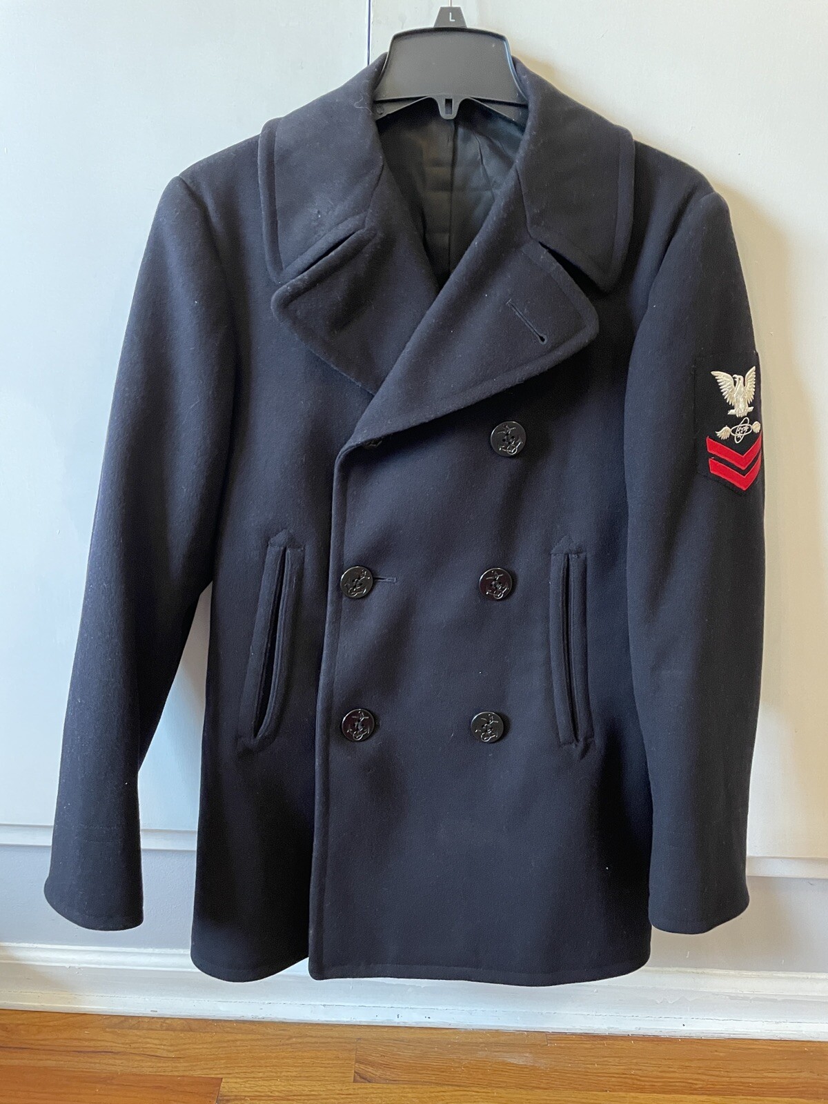 VINTAGE MILITARY NAVY PEA COAT 100% WOOL SZ 34 SATIN … - Gem