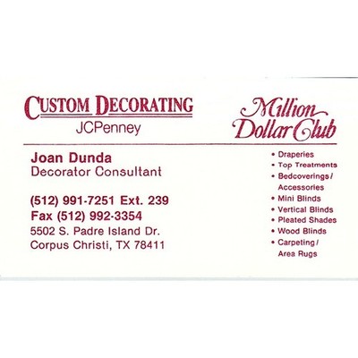 JCPenney Custom Decorating Joan Dunda Corpus Christi TX Business Card ...