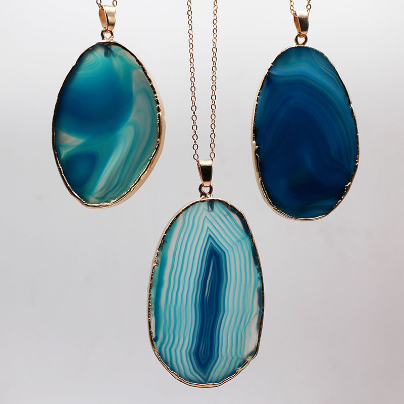 10pcs Natural Striped Agate Stone Oval Pendants Bead Stone DIY Necklace ...