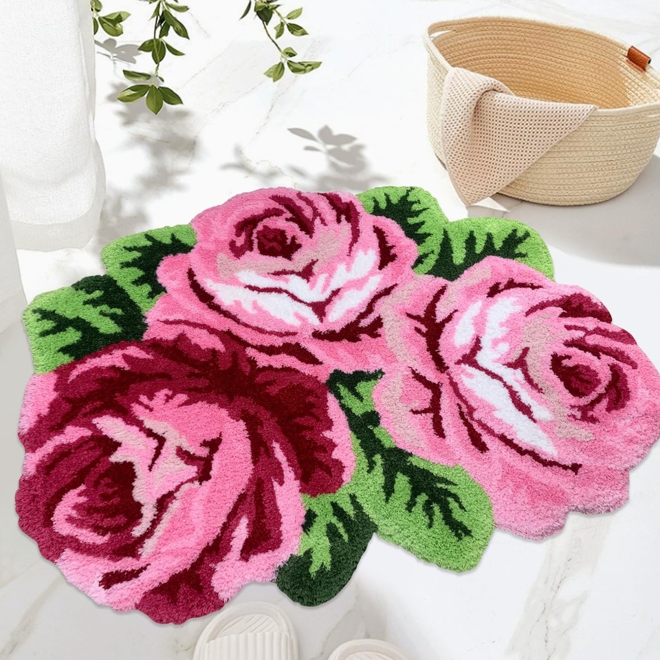 Pink Rose Area Rug, 3 Roses Mat Non-Slip Floral Bath Rug Washable Soft ...