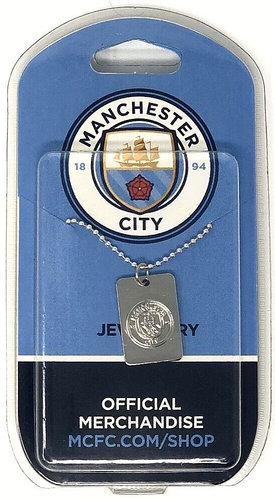 MANCHESTER CITY FC CREST SILVER PLATED DOG TAG PENDANT 55cm LONG CHAIN ...
