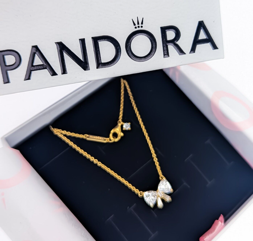 NEW 100% Authentic PANDORA 14k Gold P Sparkling Bow Pendant Necklace ...