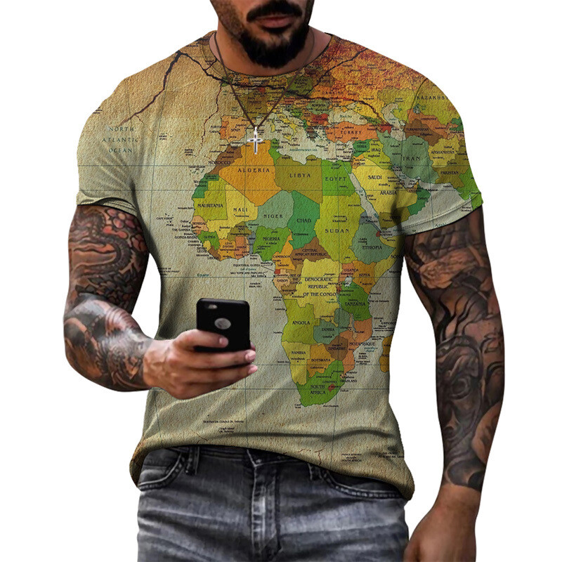 Men World Map Print Short Sleeve Slim T Shirt Summer O Neck Casual ...