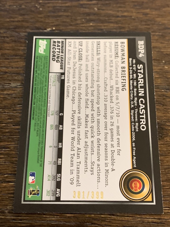 2010 BOWMAN DRAFT PICKS & PROSPECTS STARLIN CASTRO BDP4 /399 BLUE ...