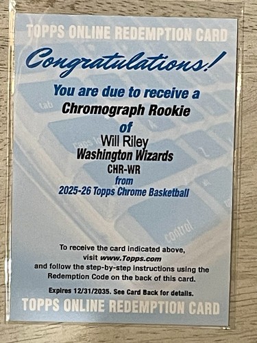 Will Riley 2025-26 Topps Chrome Chromograph Auto Rookie Redemption SP 🔥 ...