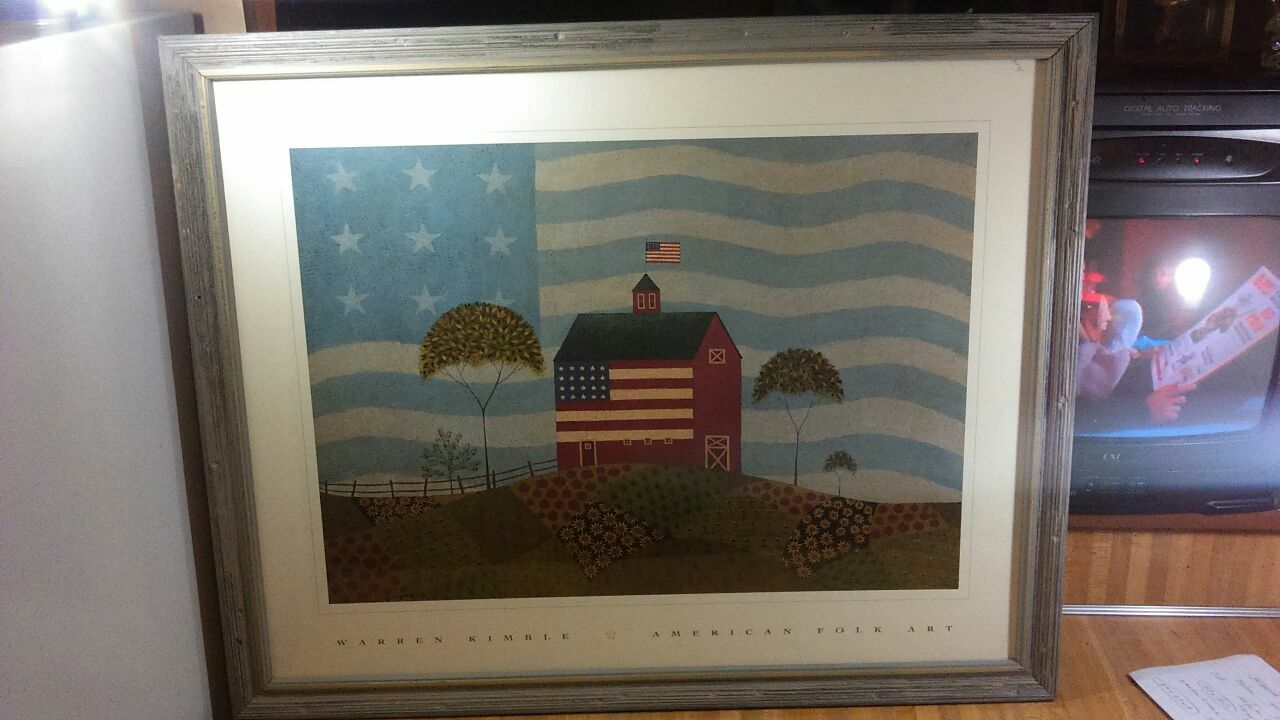 Warren Kimble Folk Art Framed Picture,barn,trees,flag,30 1/2x24 1/2,vg ...