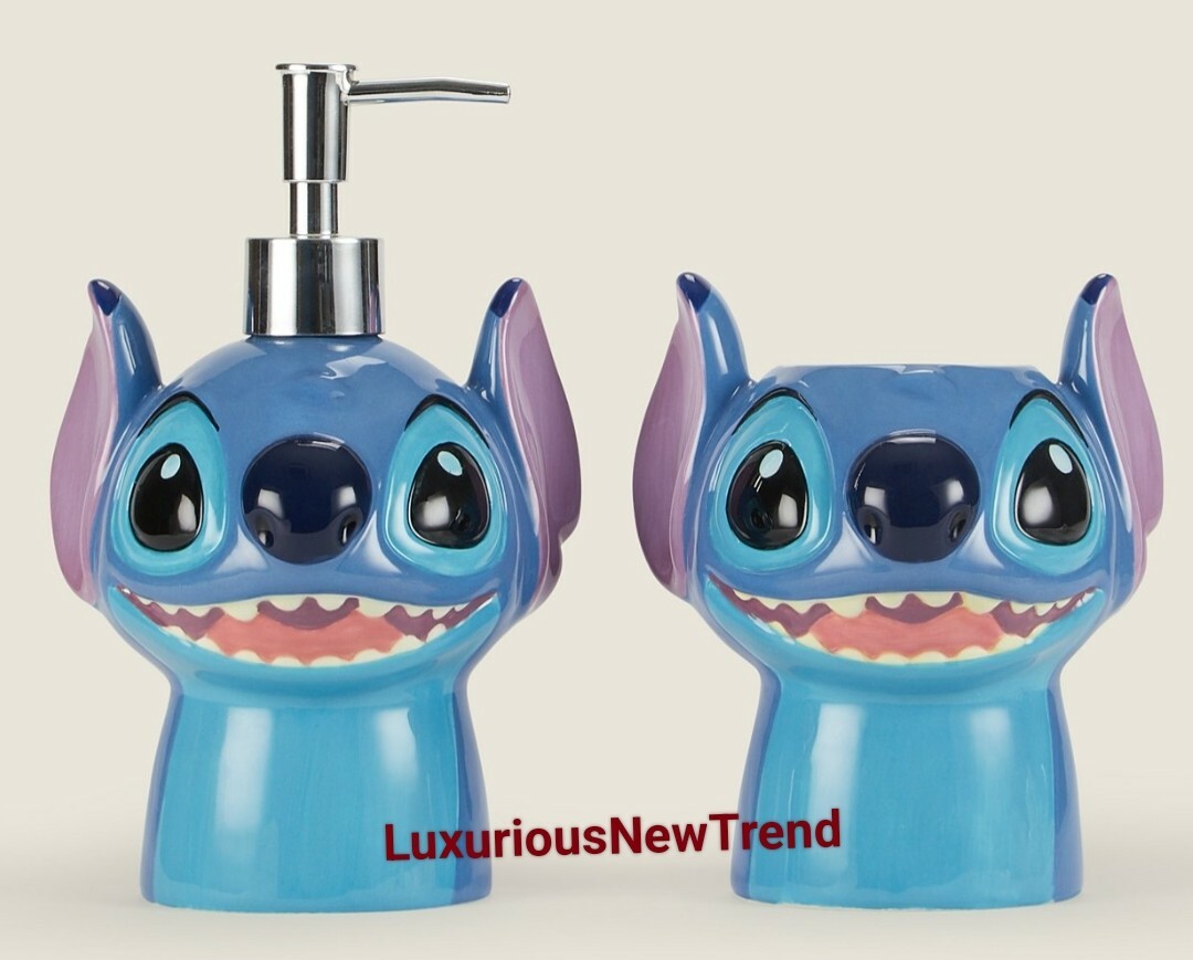 New Blue Shade Disney Stitch Bathroom Set Soap Dispenser Toothbrush ...