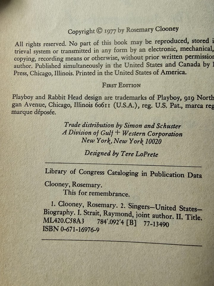 This for Remembrance The Autobiography of Rosemary Clooney SIGNED ...