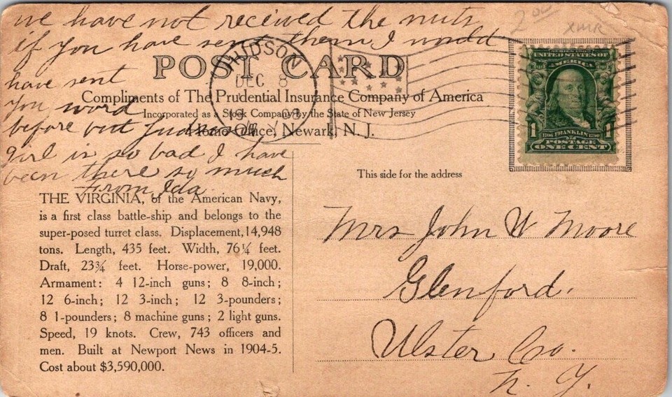 Postcard US Battle Ship Virginia New York December 8 1908 White Border ...