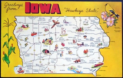 Iowa, “Hawkeye State” Map Card, Points of Interest, Facts & Figures ...