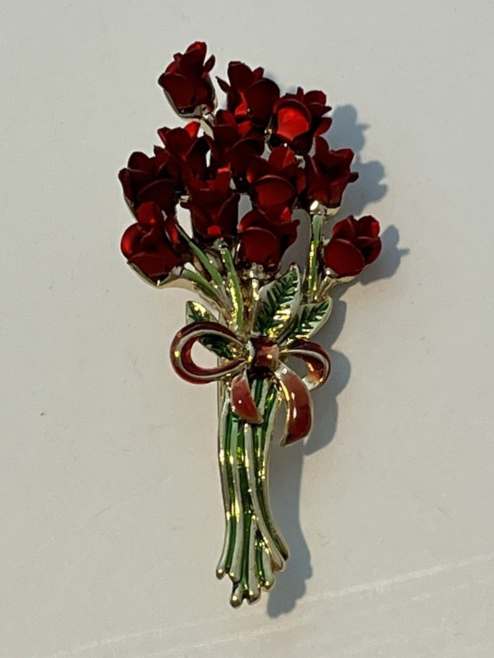 Vintage Enamel Bouquet Of 12 Red Roses Tied With A Bow Brooch Pin With ...
