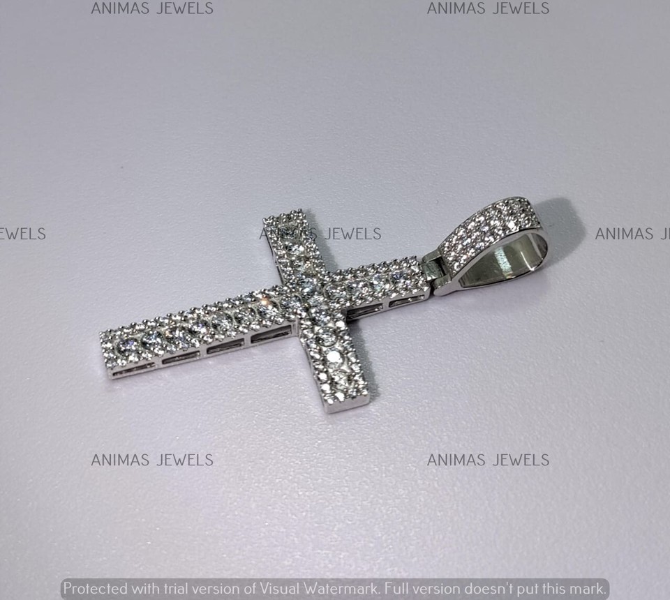 Real 925 Sterling Silver 2 CT Round Lab-Created Diamond Religious Cross ...