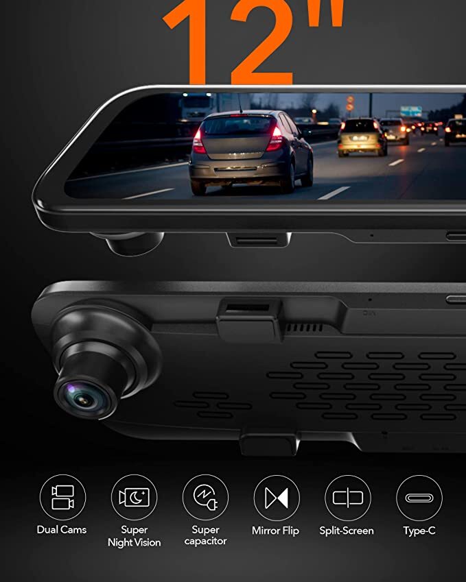 LARGER 12" 4K UHD Split Screen Mirror Dash Cam Camera 1080P Rear View ...