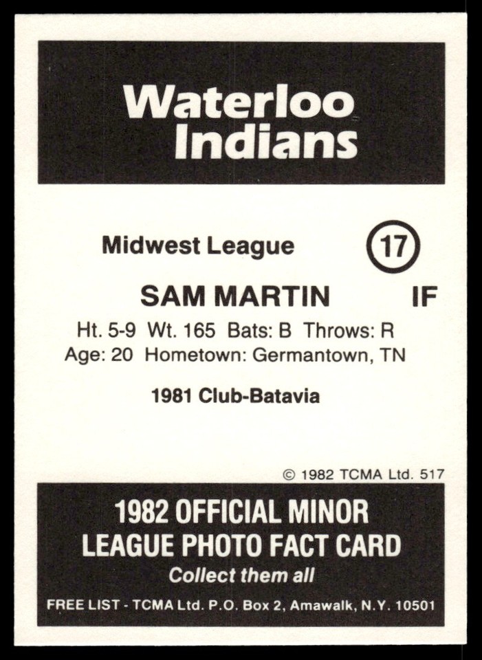 1982 TCMA Waterloo Indians Sam Martin Waterloo Indians #17 | eBay