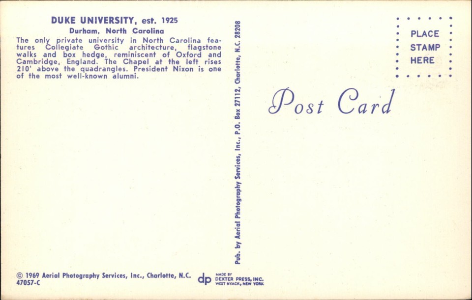 Duke University Durham North Carolina Aerial vintage postcard v255 | eBay