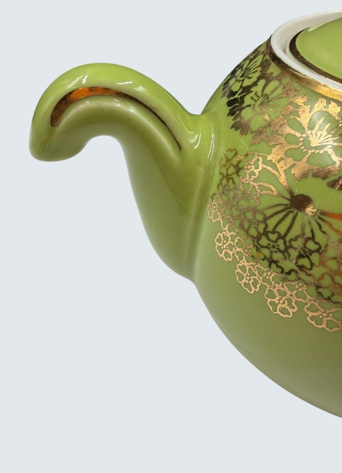 Hall China 0822 6 Cup Teapot Green Gold Floral Overlay VTG USA No Drip ...