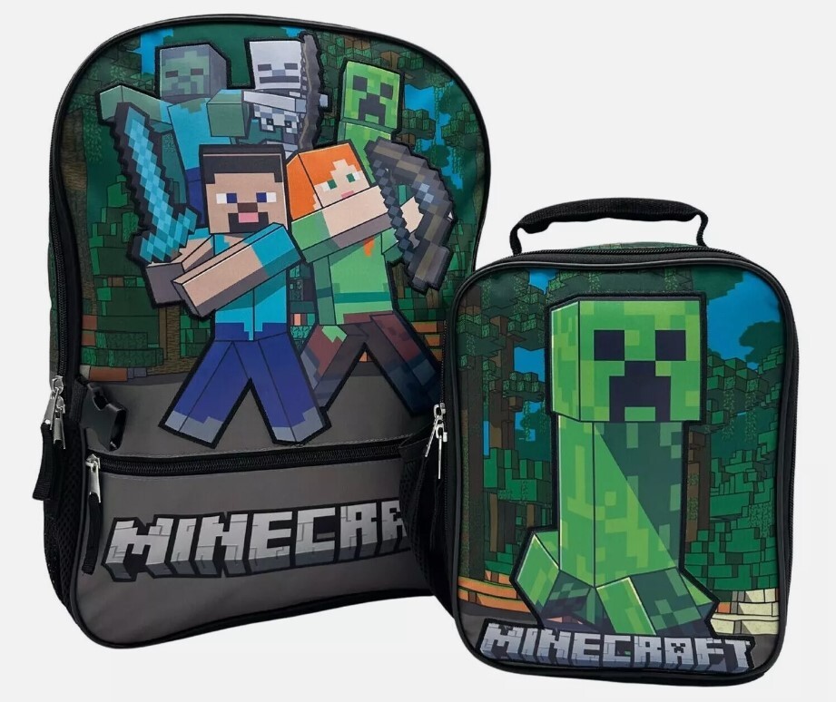 Minecraft Kids Backpack with Insulated Lunch Pack, Padded Back and Straps