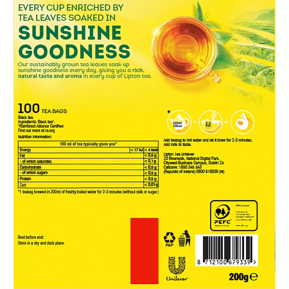 Lipton Yellow Label, 200g (100-800 Tea Bags) Boxed 100 String & Tagged ...