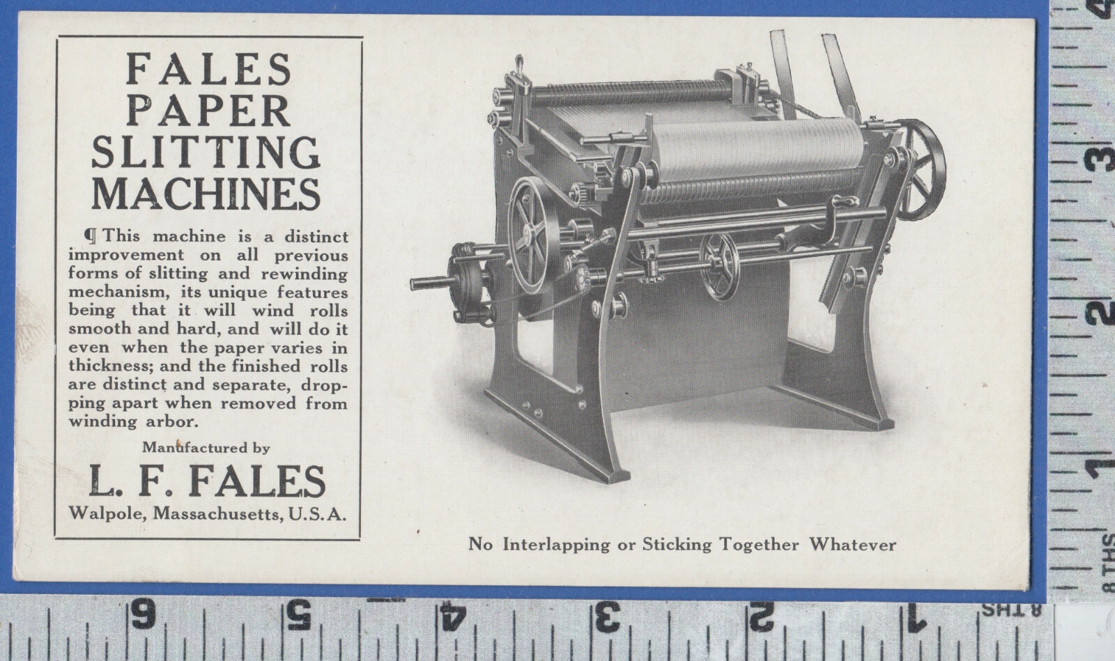 5229 L F Fales Paper Slitting Machine c 1900 advertising ink blotter ...