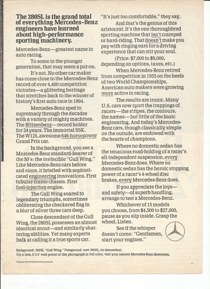 Original 1969 Mercedes Benz 280SL vintage print ad, shows 300SL Gull ...