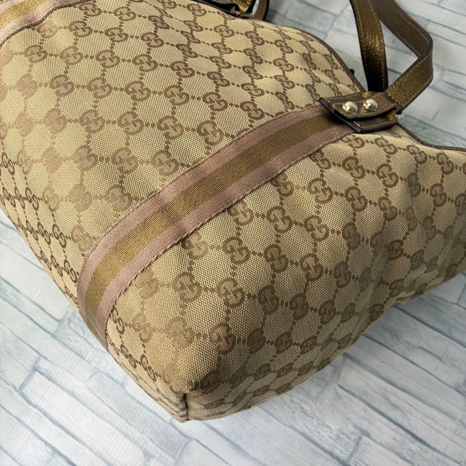 Gucci GG Print Tote Bag Handbag Beige Leather Canvas Silver Gold ...