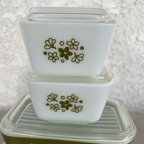 VTG PYREX SPRING BLOSSOM GREEN CRAZY DAISY 8 PC REFRIGERATOR SET & LIDS ...