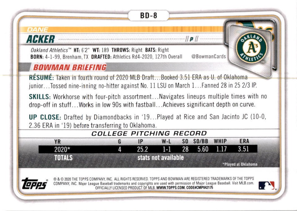 2020 Bowman Draft Baseball Dane Acker #BD-8 | eBay