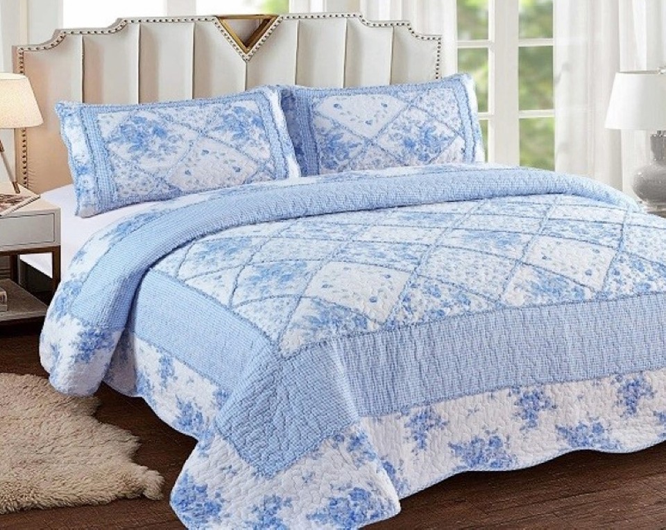 EVERLY BLUE ROSE 3pc Queen QUILT SET : FARMHOUSE COTTAGE RUFFLED RAG ...