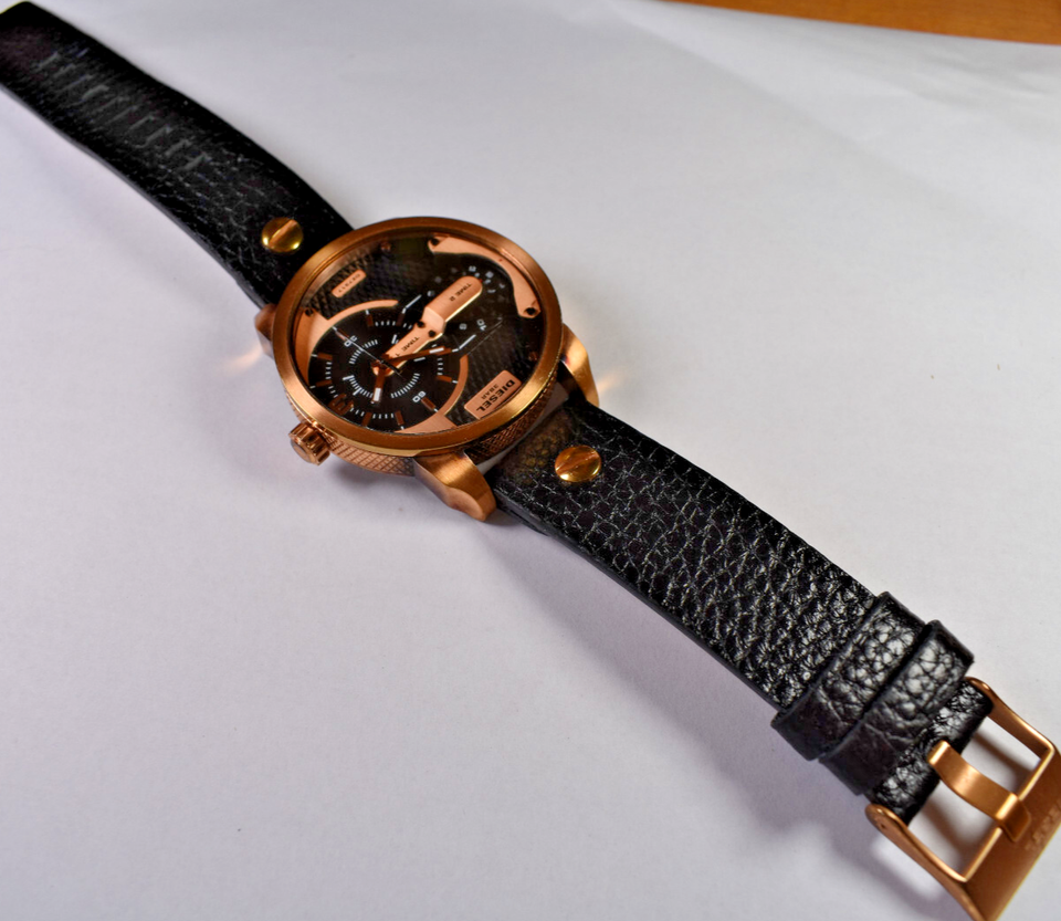 Diesel Men's "Mini Daddy" Rose Gold/Leather Dual Time Watch DZ7317 NEW ...